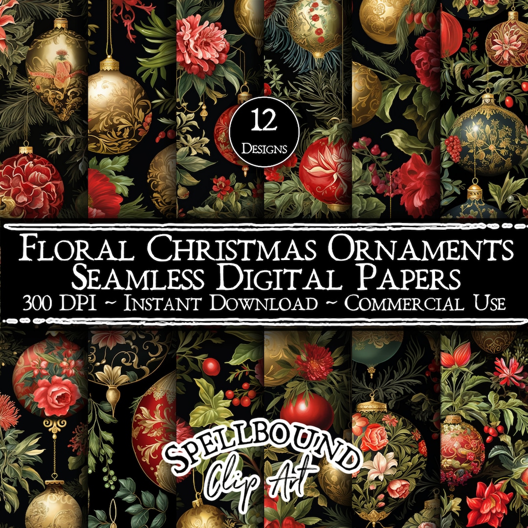 Floral Christmas Ornaments Seamless Digital Papers, Commercial Use ...