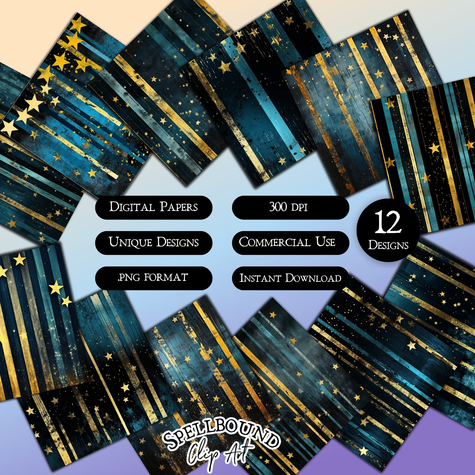 Blue and Gold Stars and Stripes Seamless Digital Papers, Commercial Use ...