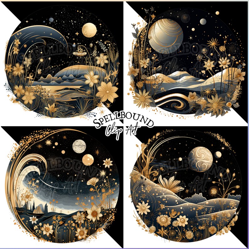Celestial Night Sky Scenes Digital Clipart, Commercial Use, Instant ...