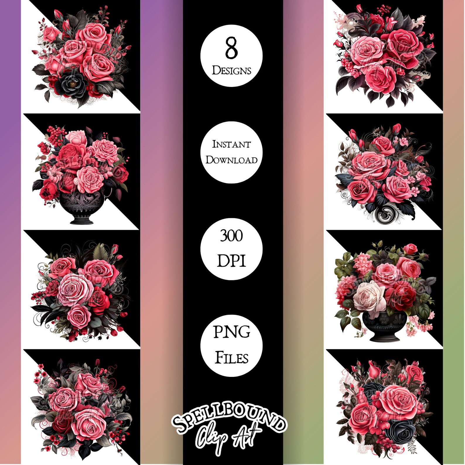 Goth Valentine's Day Flower Bouquets Digital Clipart, Commercial Use ...
