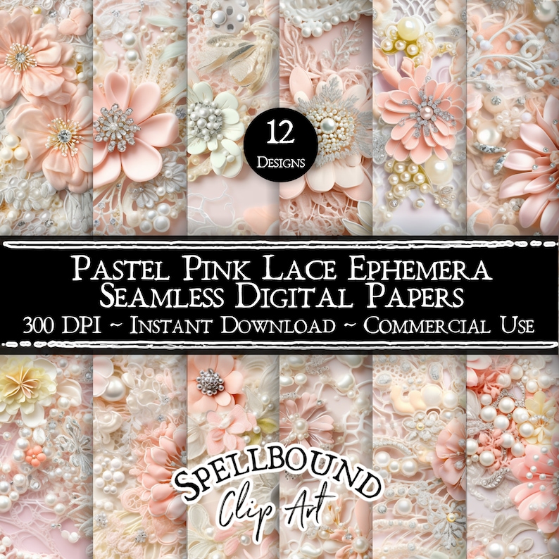 Pastel Pink Lace Ephemera Seamless Digital Papers, Commercial Use ...