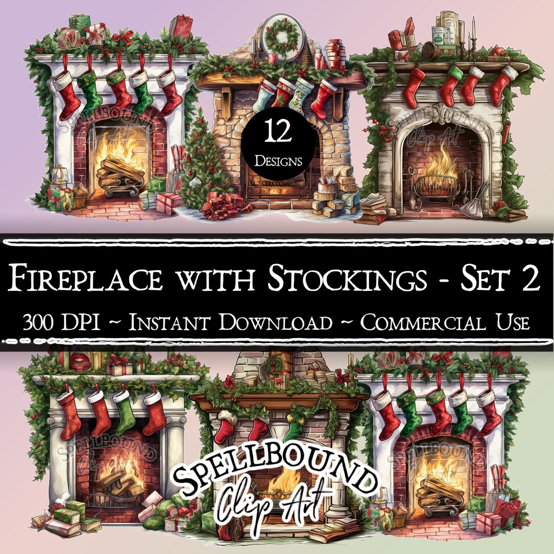 Fireplace With Stockings Digital Clipart, Commercial Use, Instant ...