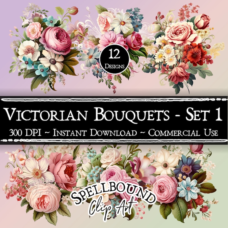 Victorian Flower Bouquets Digital Clipart, Commercial Use, Instant ...