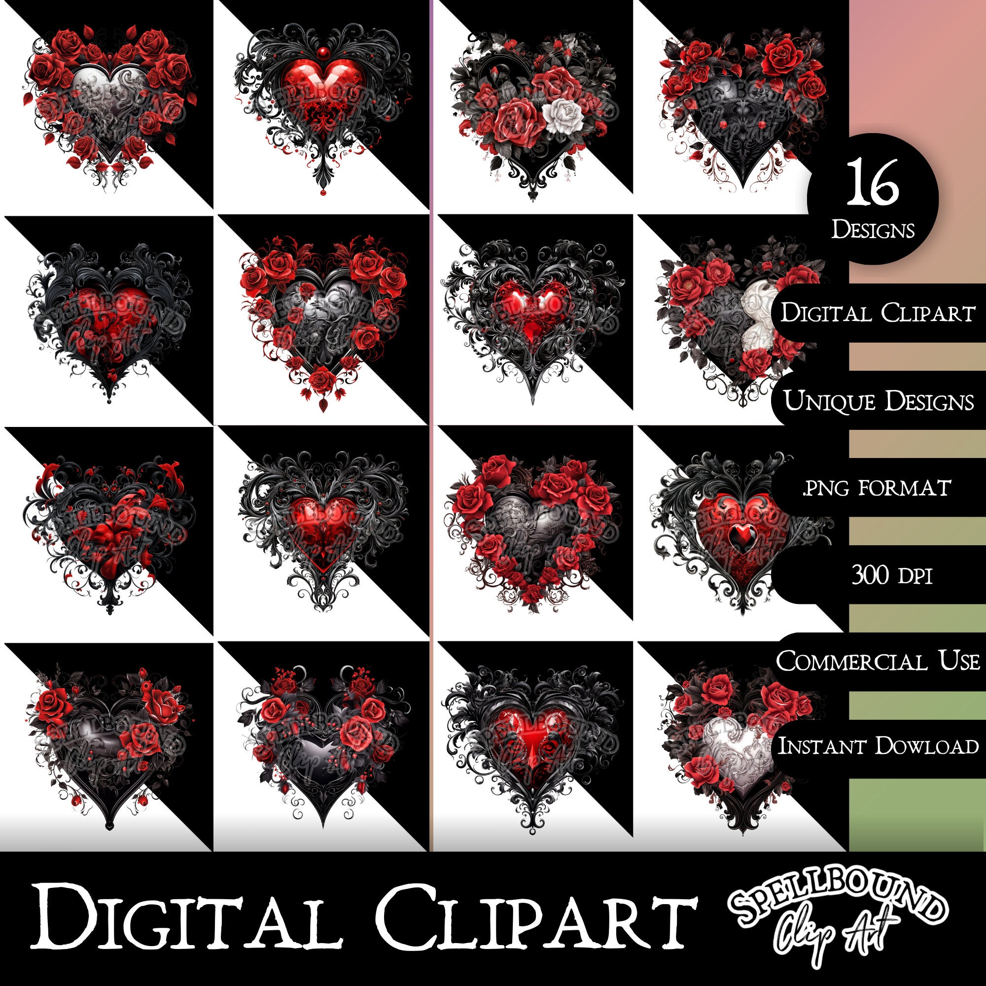Goth Hearts Digital Clipart, Commercial Use, Instant Download, Filagree ...