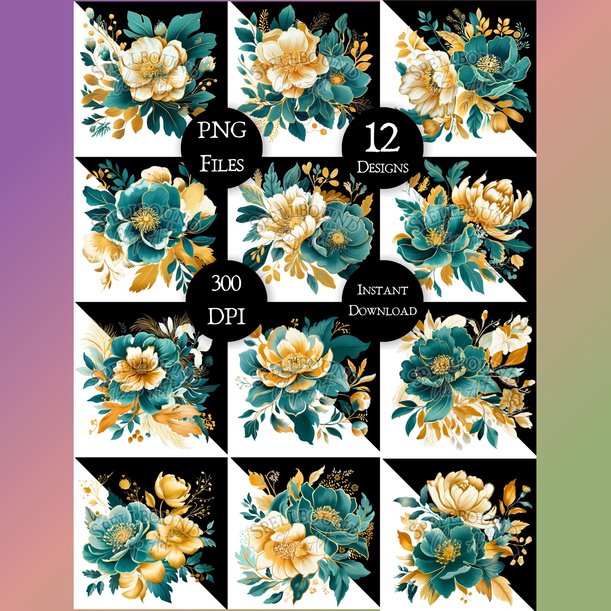 Turquoise & Gold Floral Bouquets Digital Clipart, Commercial Use ...