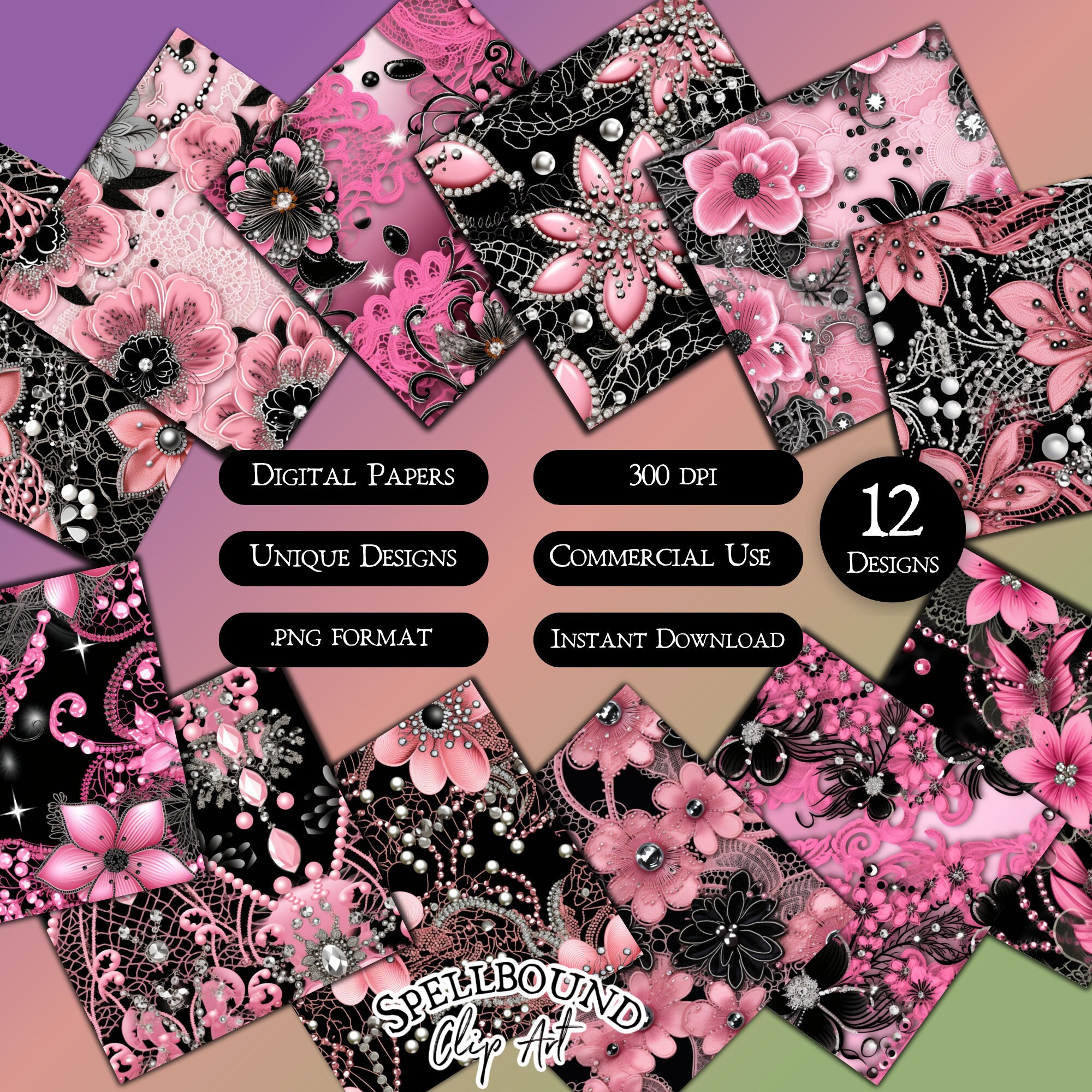 Pink & Black Digital Ephemera Seamless Digital Papers, Commercial Use ...