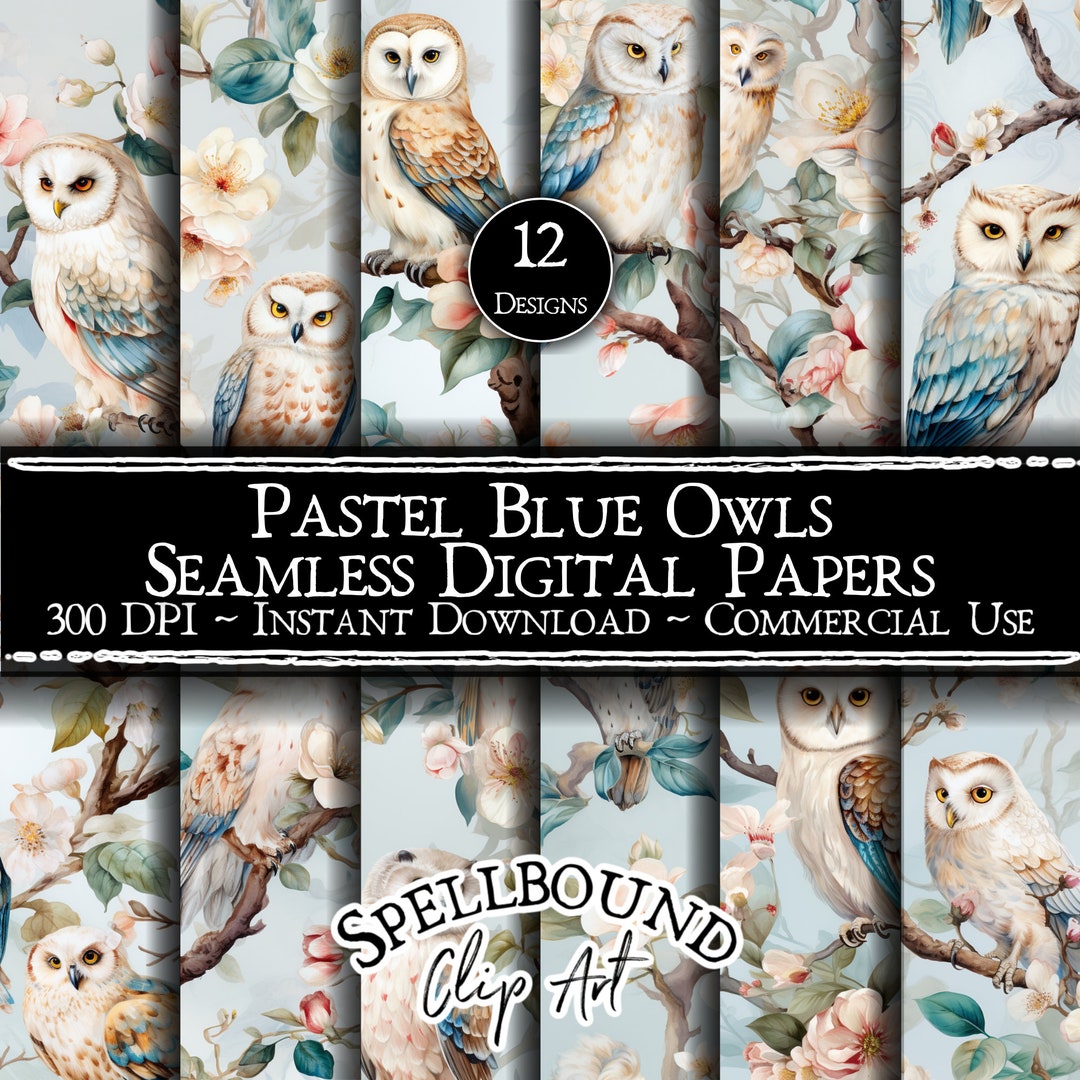 Pastel Blue Owls Seamless Digital Papers, Commercial Use, Instant ...