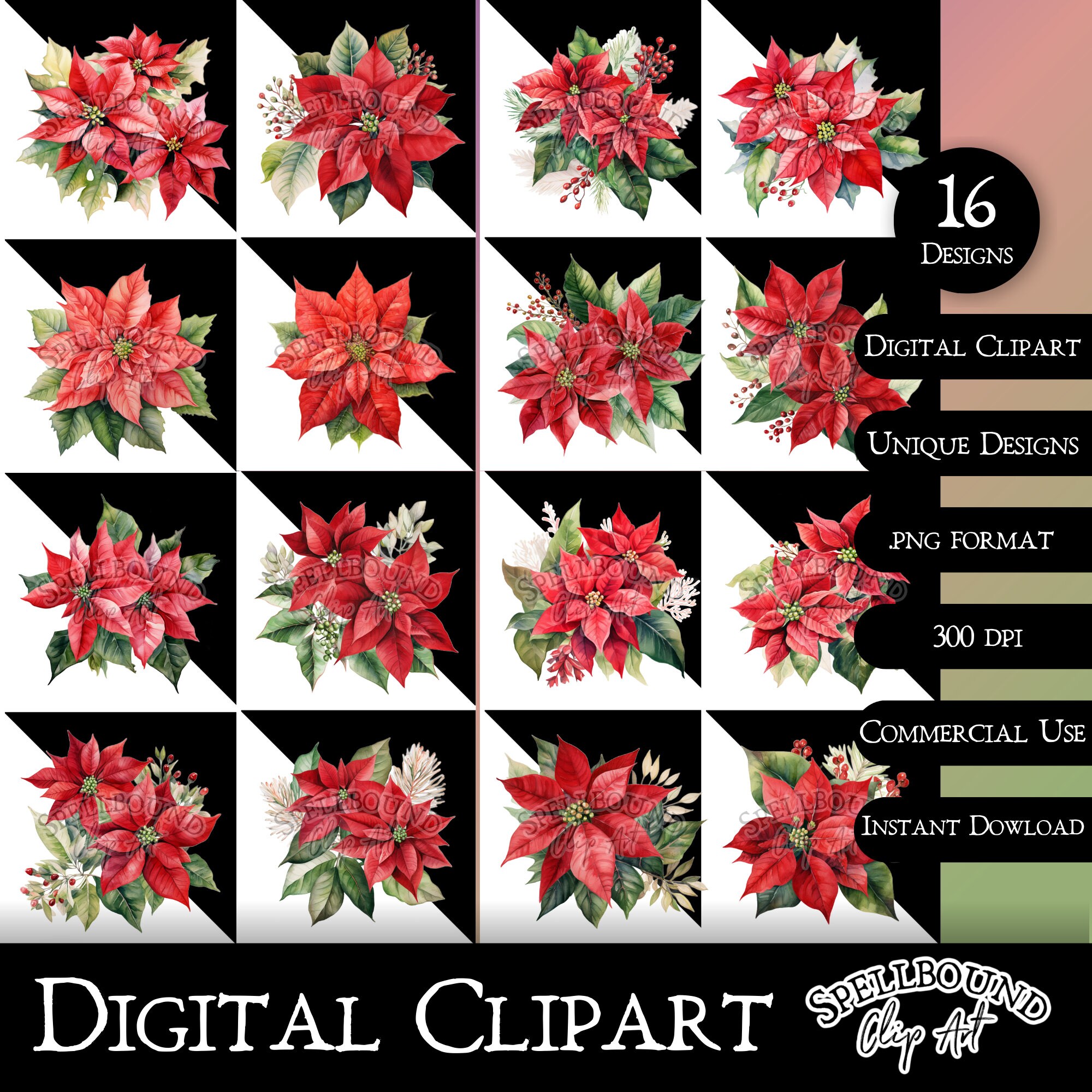Watercolor Poinsettias Digital Clipart, Commercial Use, Instant ...