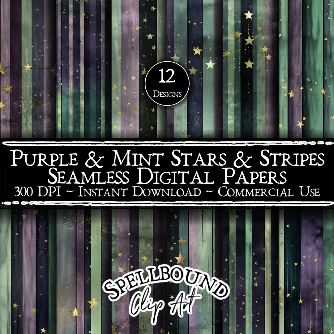 Purple and Mint and Gold Stars and Stripes Seamless Digital Papers ...