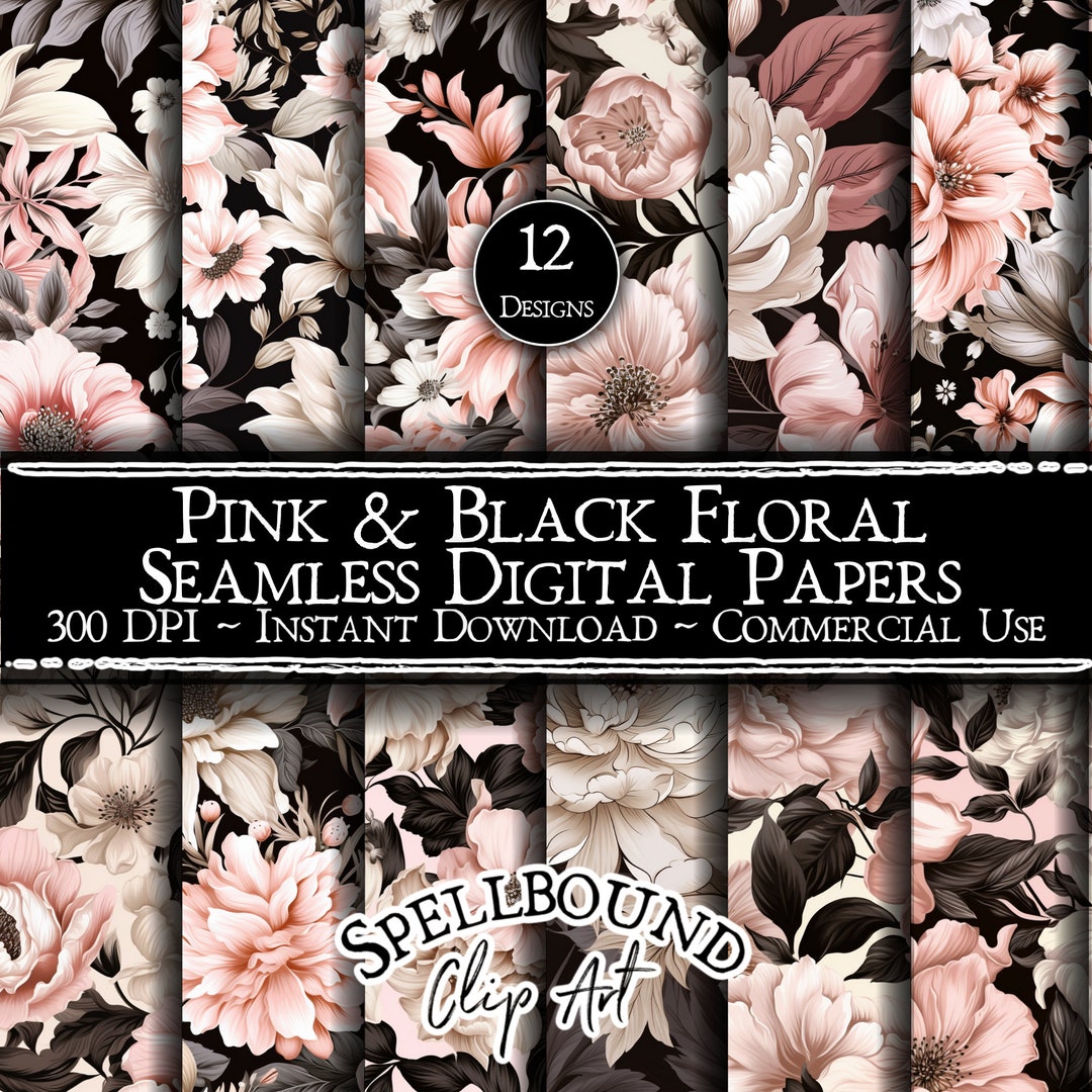 Pink and Black Floral Seamless Digital Papers, Commercial Use, Instant ...