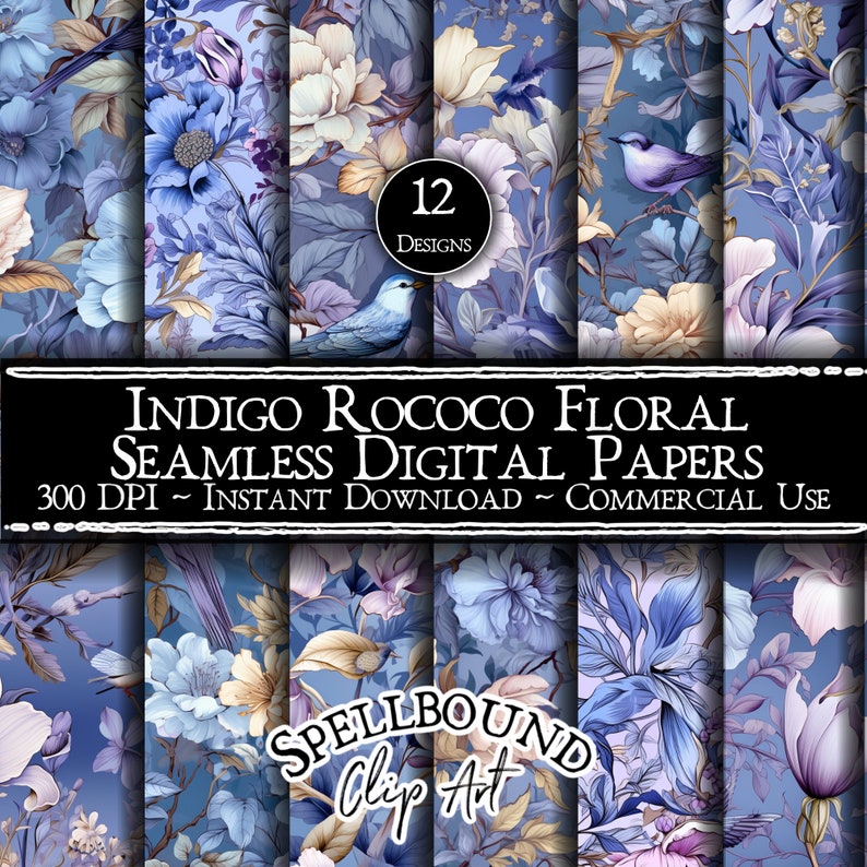 Indigo Floral Rococo Seamless Digital Papers, Commercial Use, Instant ...