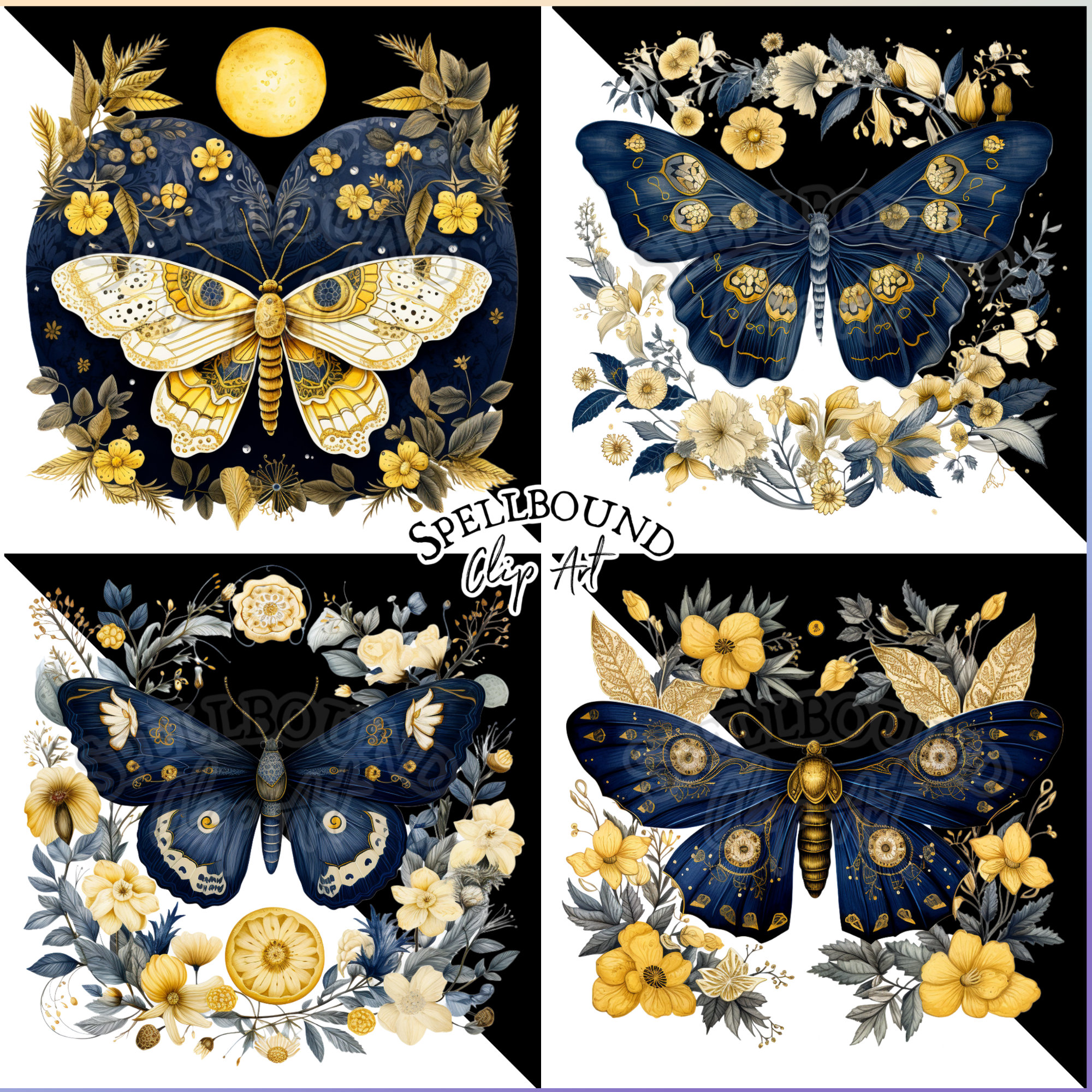 Blue & Yellow Moths Digital Clipart Commercial Use Instant - Etsy