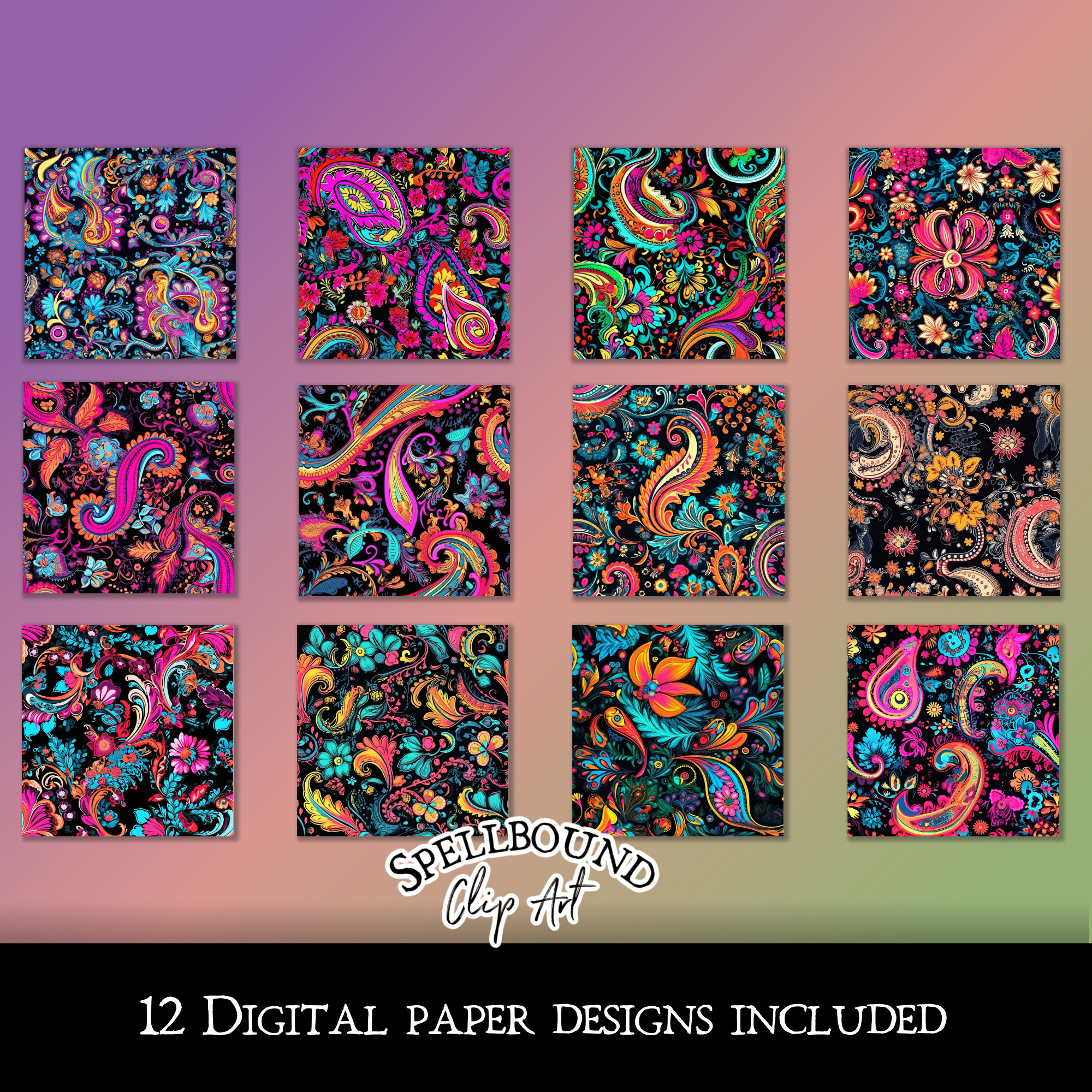 Neon Boho Paisley Seamless Digital Papers, Commercial Use, Instant ...