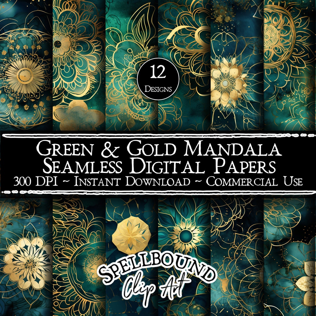 Green and Gold Mandala Seamless Digital Papers, Commercial Use, Instant ...