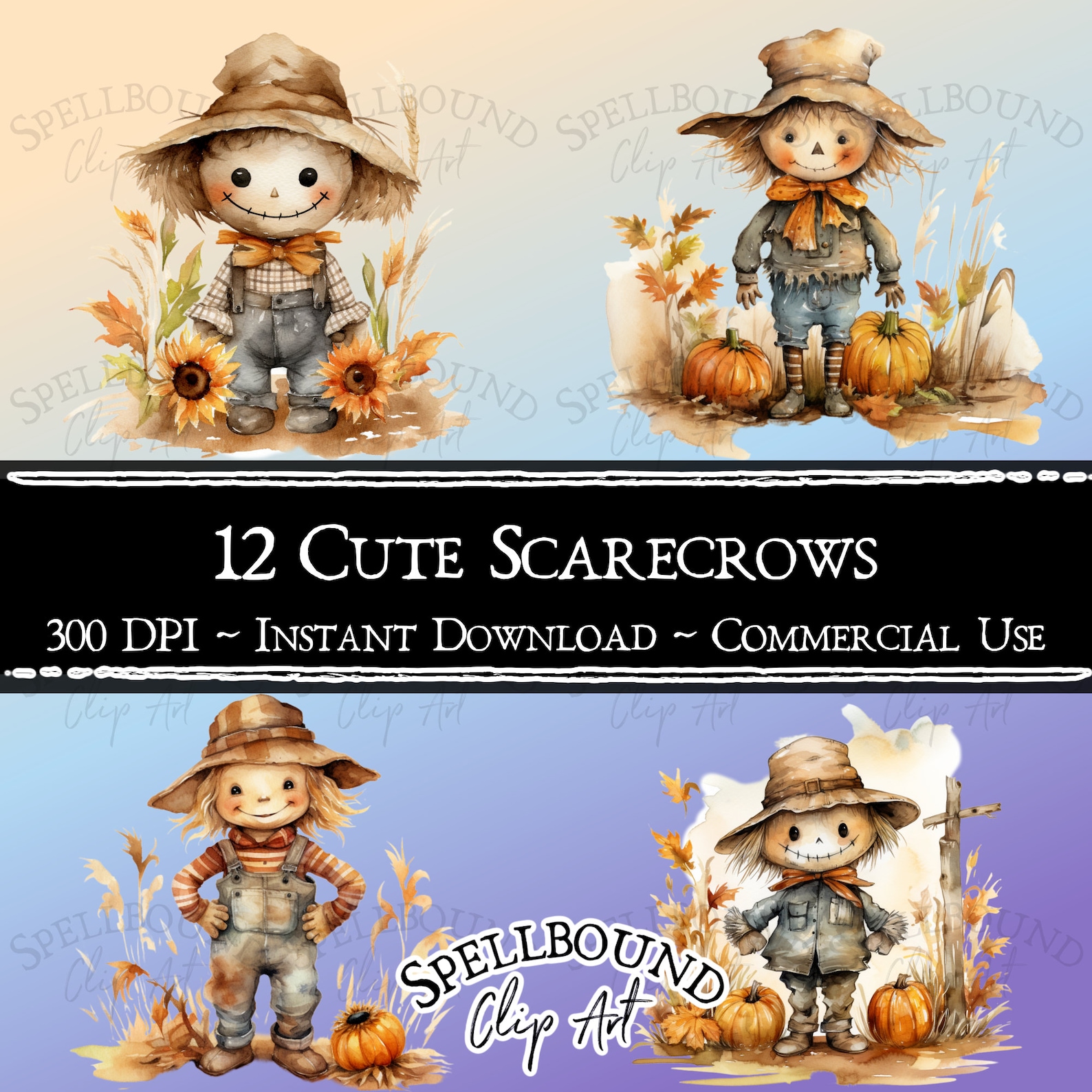 Cute Scarecrow Digital Clipart, Commercial Use, Instant Download, Fall ...