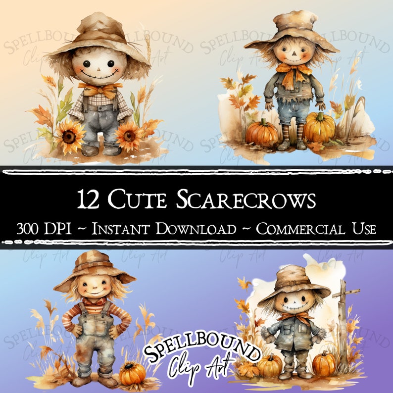 Cute Scarecrow Digital Clipart, Commercial Use, Instant Download, Fall ...