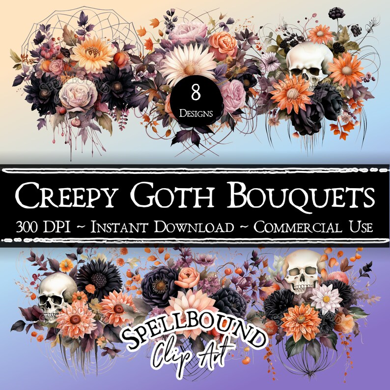 Creepy Goth Flower Bouquet Digital Clipart, Commercial Use, Instant ...