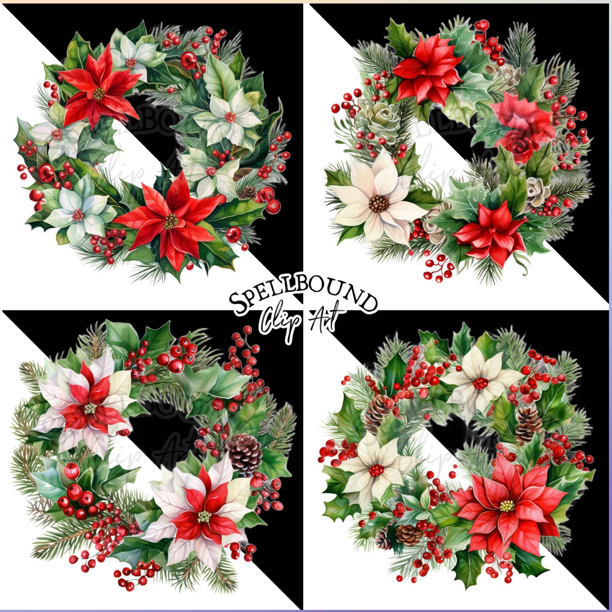 Christmas Wreaths Digital Clipart, Commercial Use, Instant Download ...