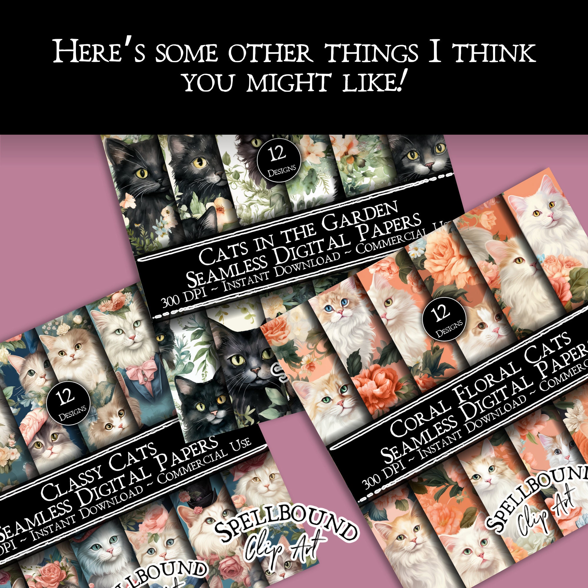 Floral Cats Seamless Digital Papers, Commercial Use, Instant Download ...