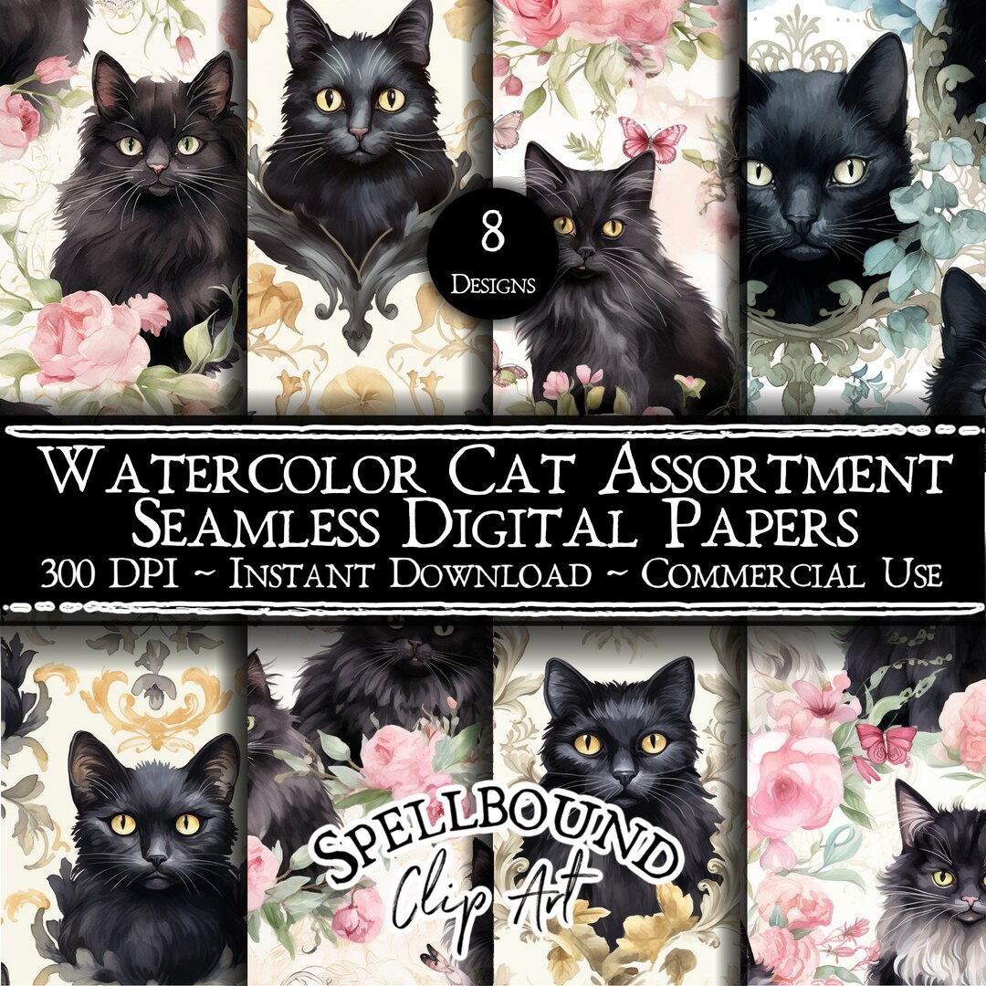 Watercolor Cats Seamless Digital Papers, Commercial Use, Instant ...