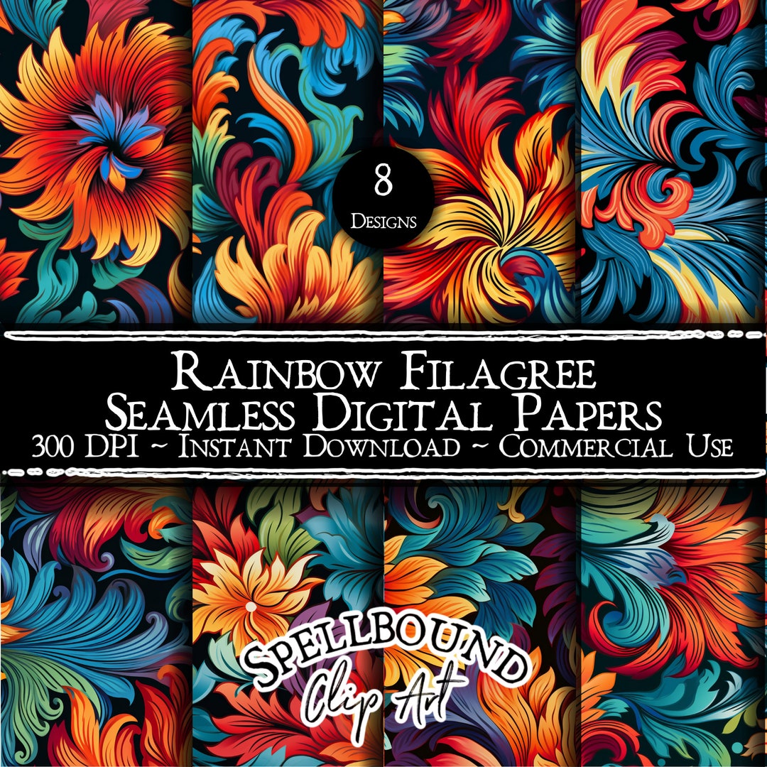 Rainbow Filagree Flower Seamless Digital Papers, Commercial Use ...