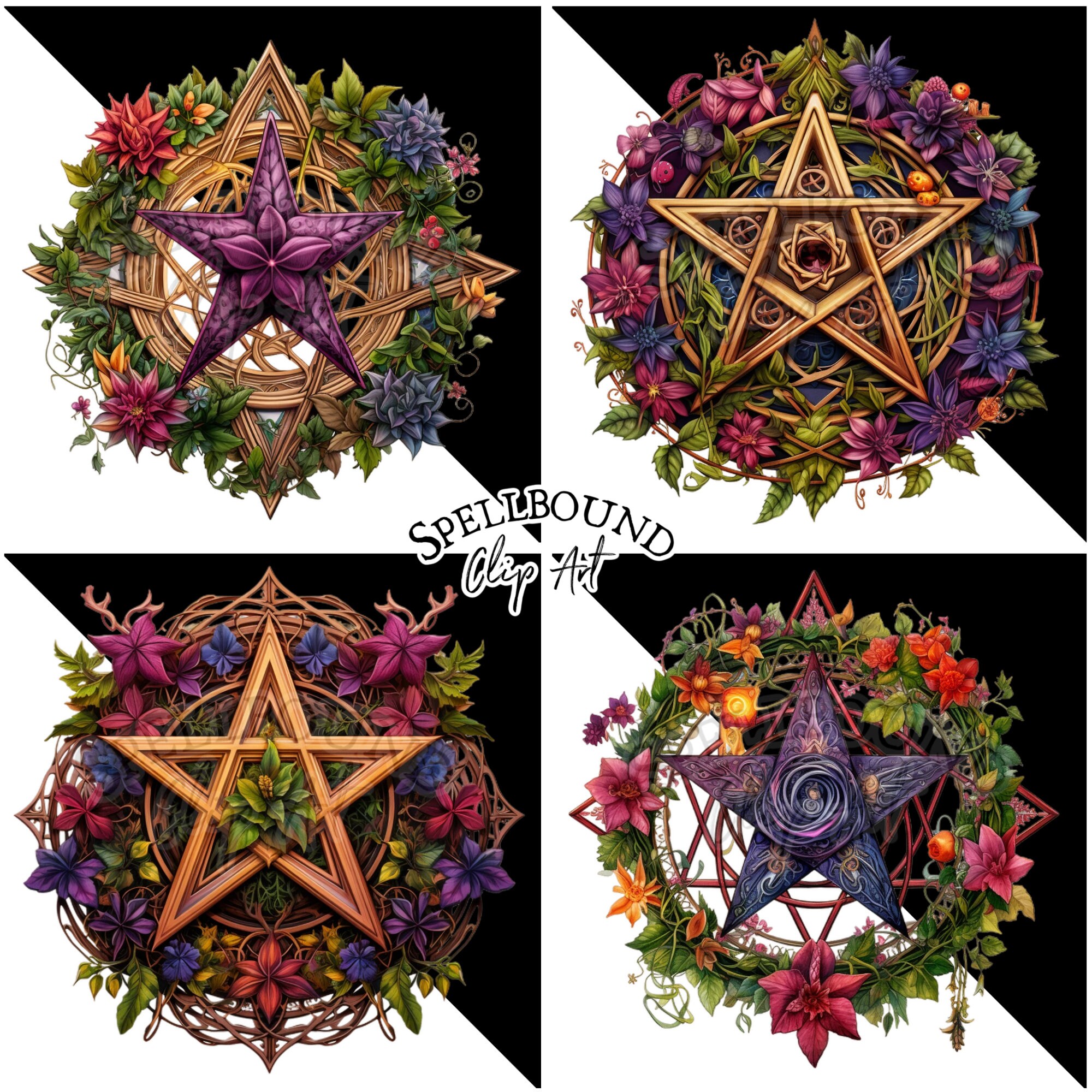 Bright Floral Pentagrams Digital Clipart, Commercial Use, Instant ...