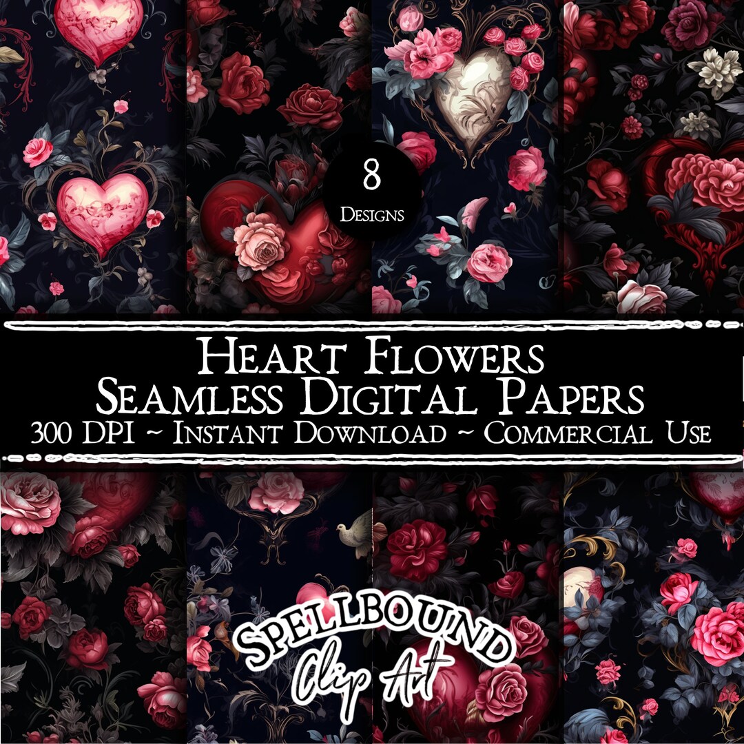 Heart Flowers Seamless Digital Papers, Commercial Use, Instant Download ...