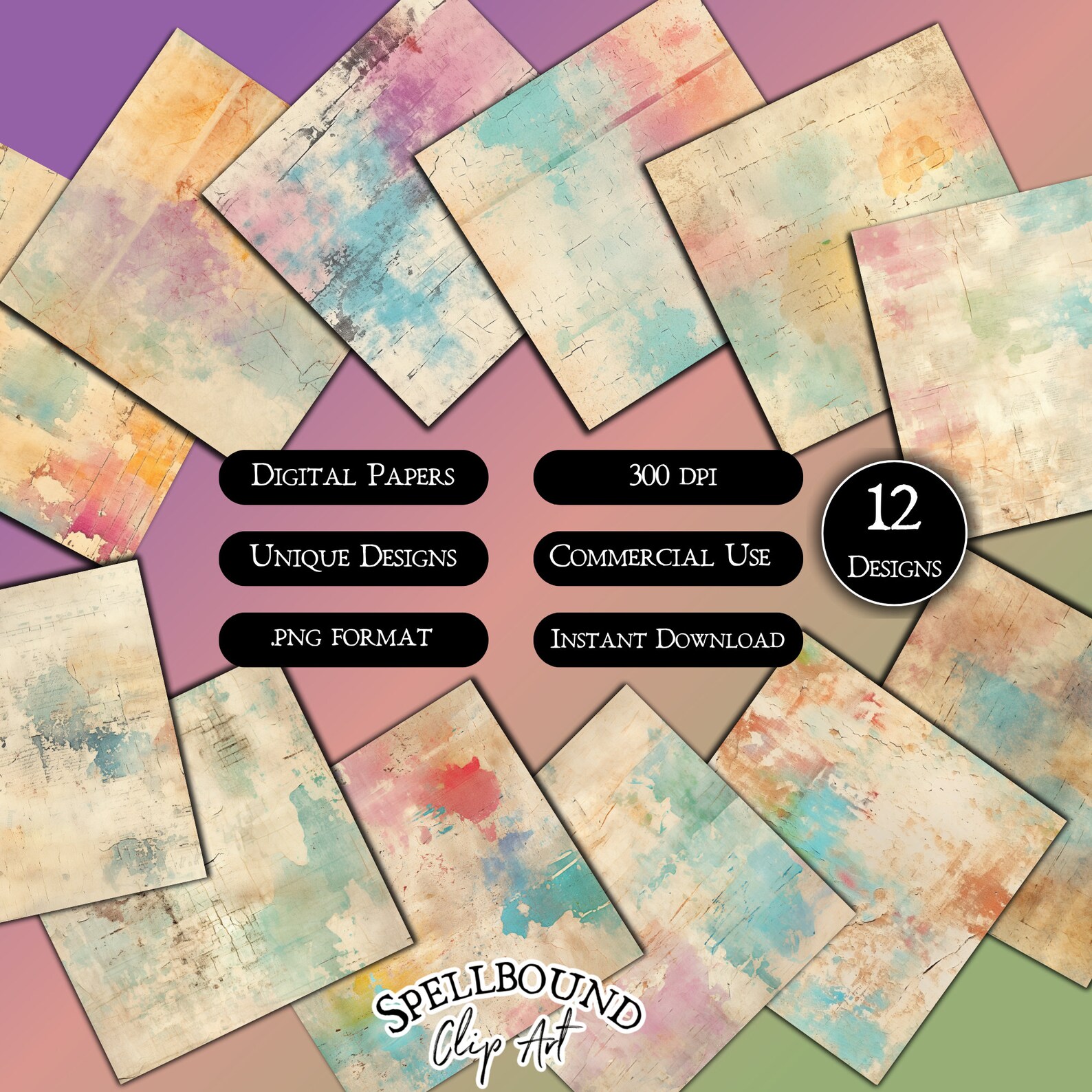 Pastel Distressed Grunge Seamless Digital Papers, Commercial Use ...