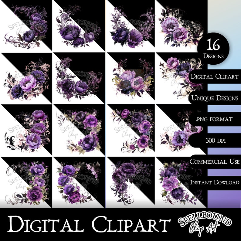Purple Gothic Flower Borders Digital Clipart, Commercial Use, Instant ...