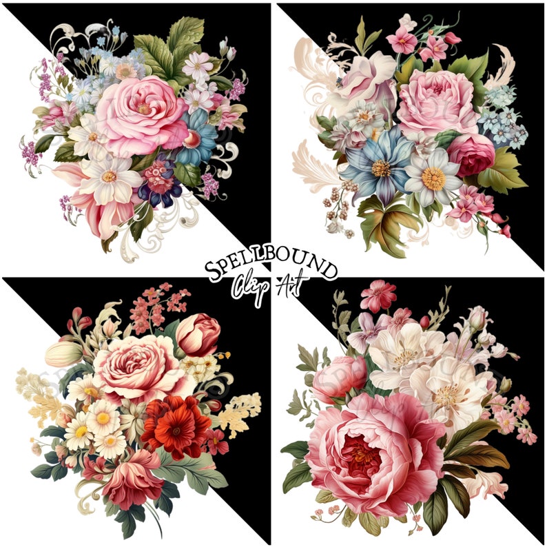 Victorian Flower Bouquets Digital Clipart, Commercial Use, Instant ...
