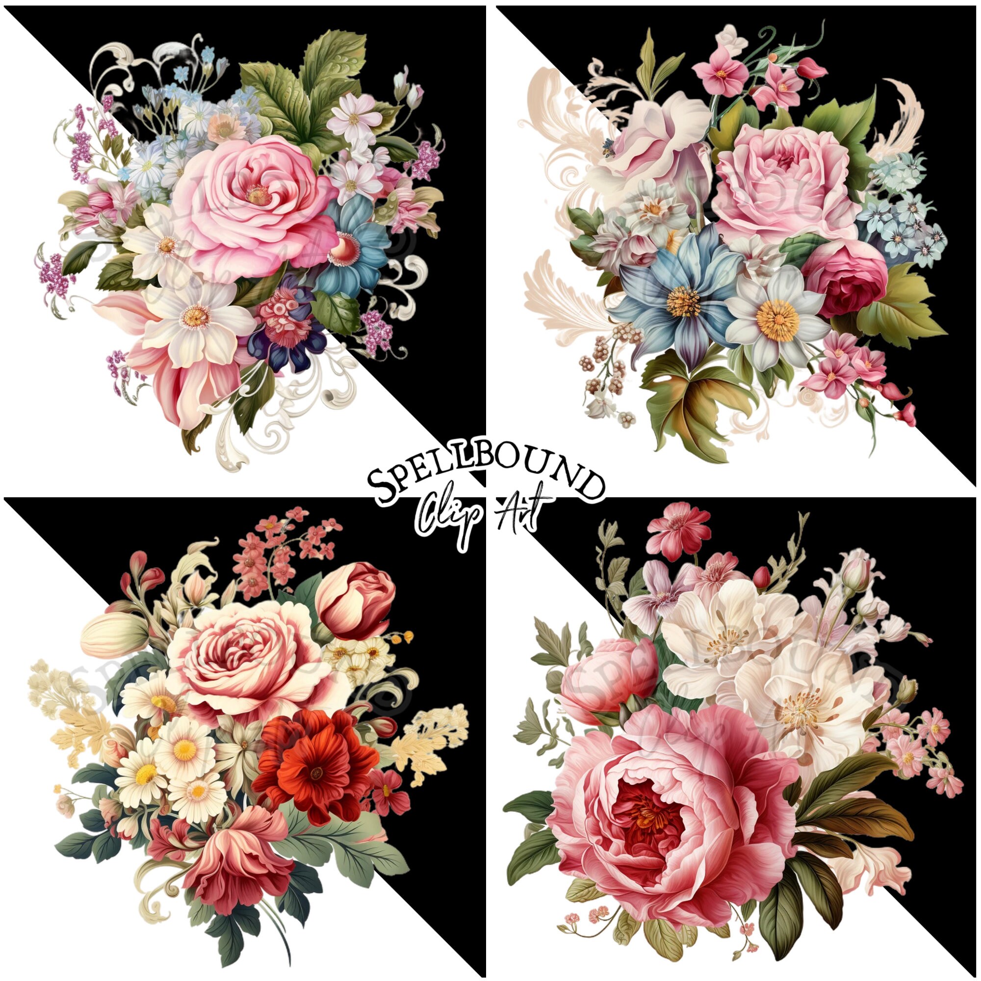 Victorian Flower Bouquets Digital Clipart, Commercial Use, Instant ...