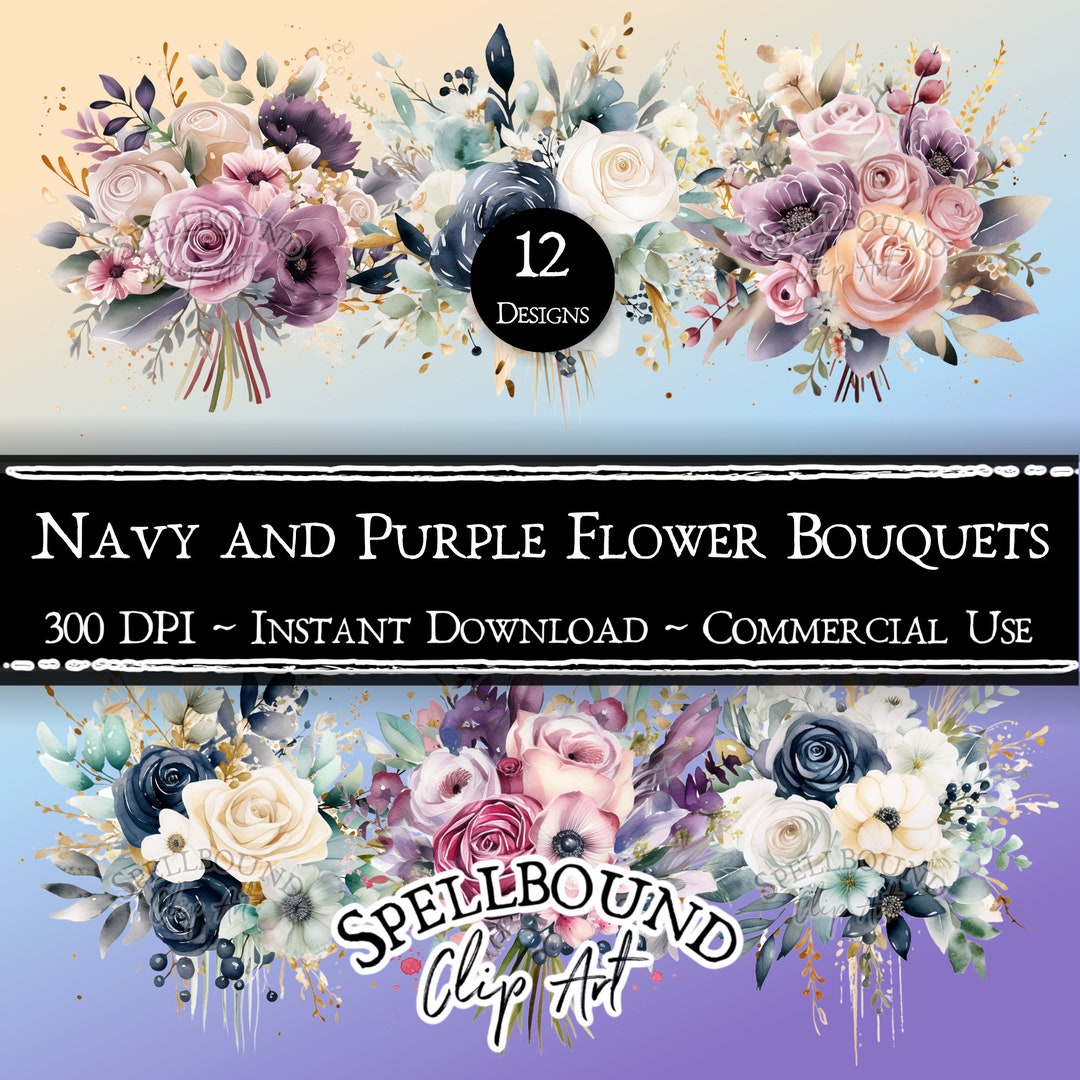 Navy and Purple Flower Bouquets, Digital Clipart, Commercial Use ...