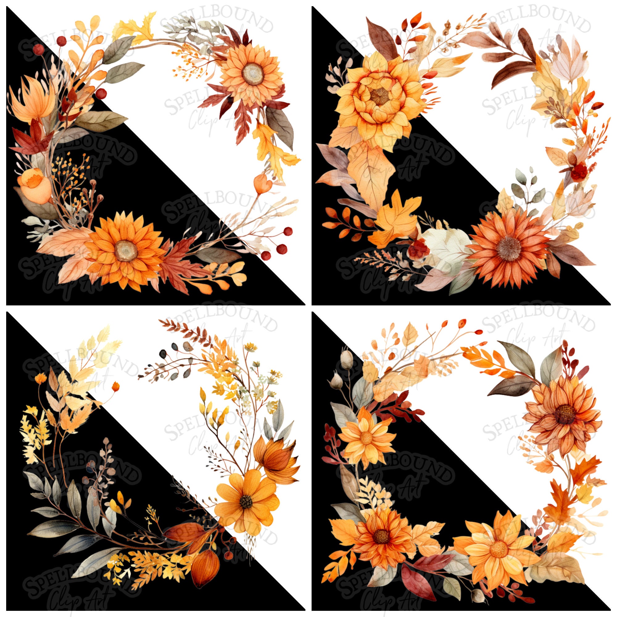 Watercolor Fall Wreath Digital Clipart Commercial Use - Etsy