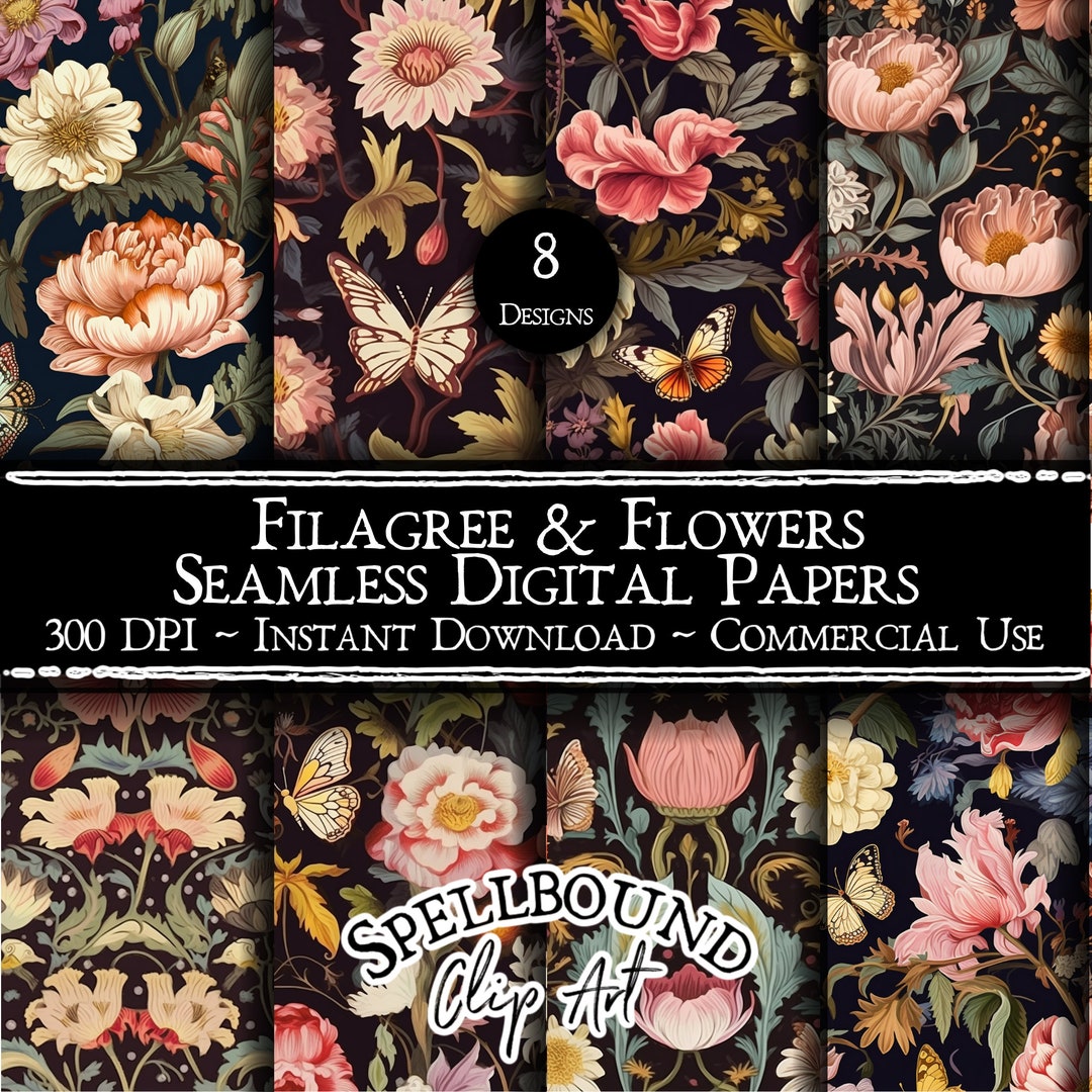 Filagree and Flowers Seamless Digital Papers, Commercial Use, Instant ...