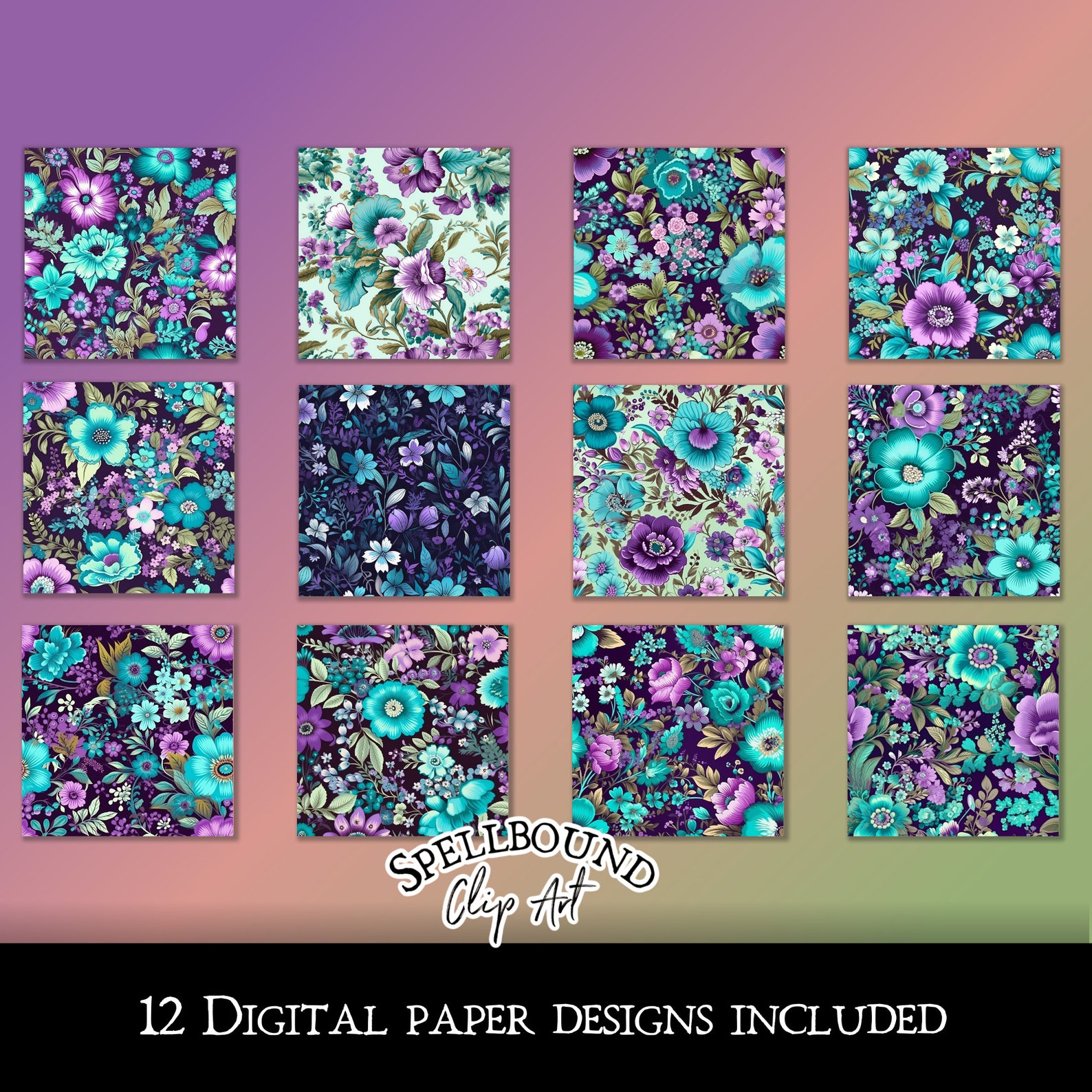 Purple & Turquoise Floral Seamless Digital Papers, Commercial Use ...