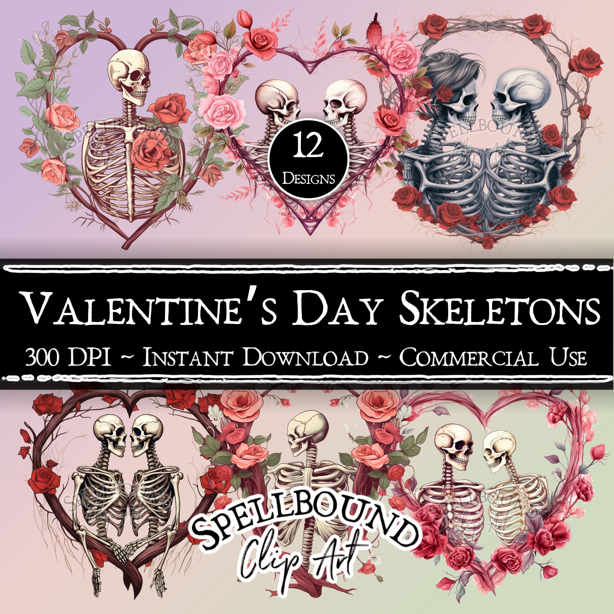 Valentine's Day Skeletons Digital Clipart, Commercial Use, Instant ...