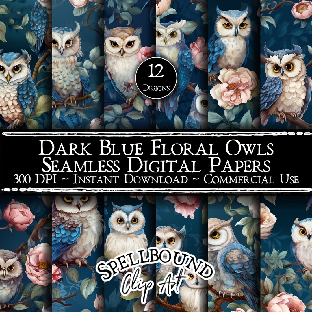 Dark Blue Floral Owl Seamless Digital Papers, Commercial Use, Instant ...