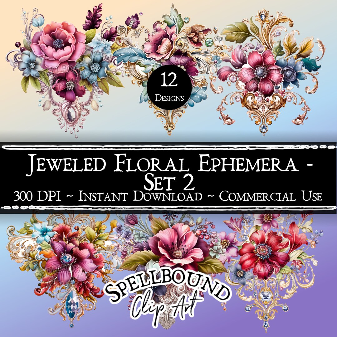 Jeweled Floral Ephemera Digital Clipart, Commercial Use, Instant ...