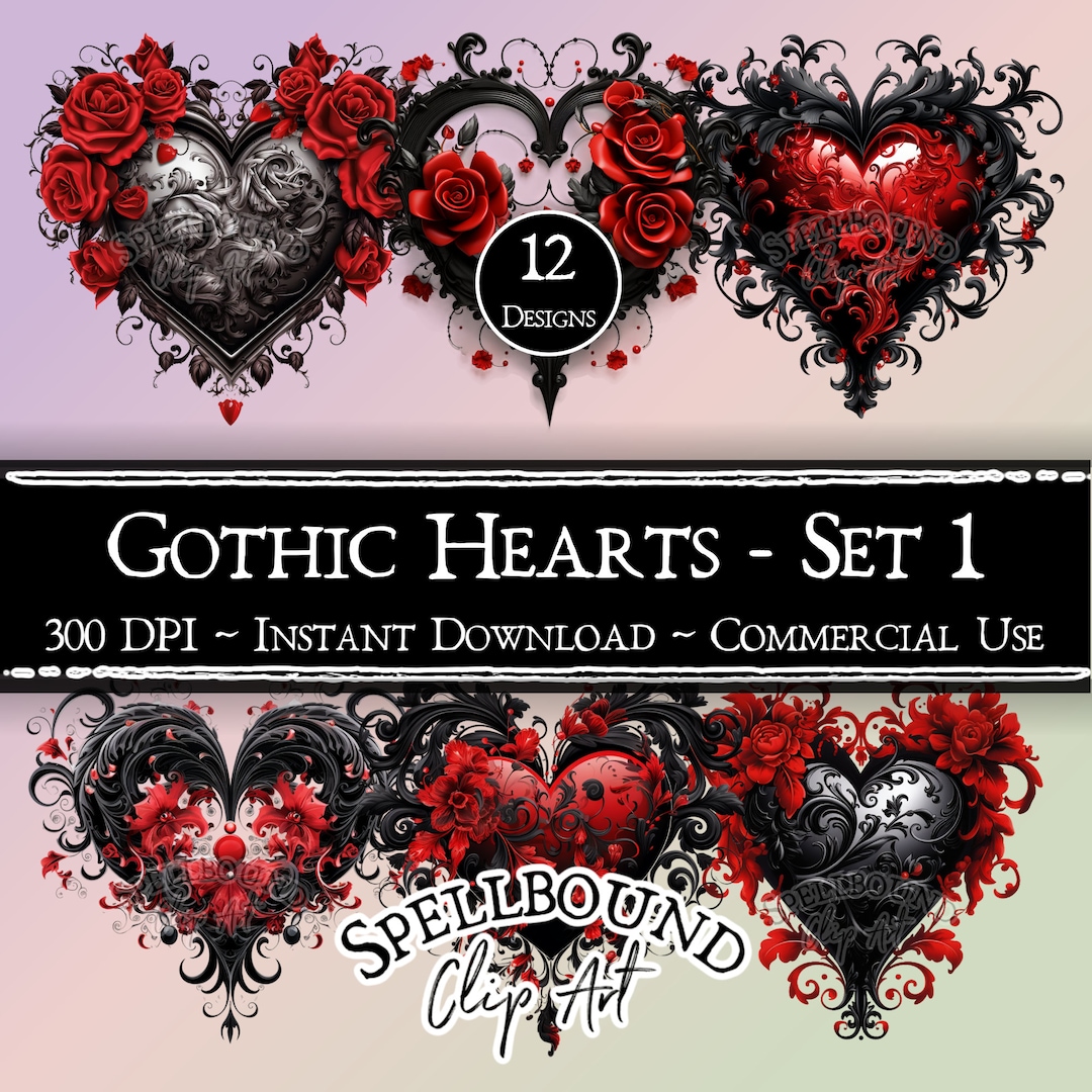 Goth Hearts Digital Clipart, Commercial Use, Instant Download, Filagree ...
