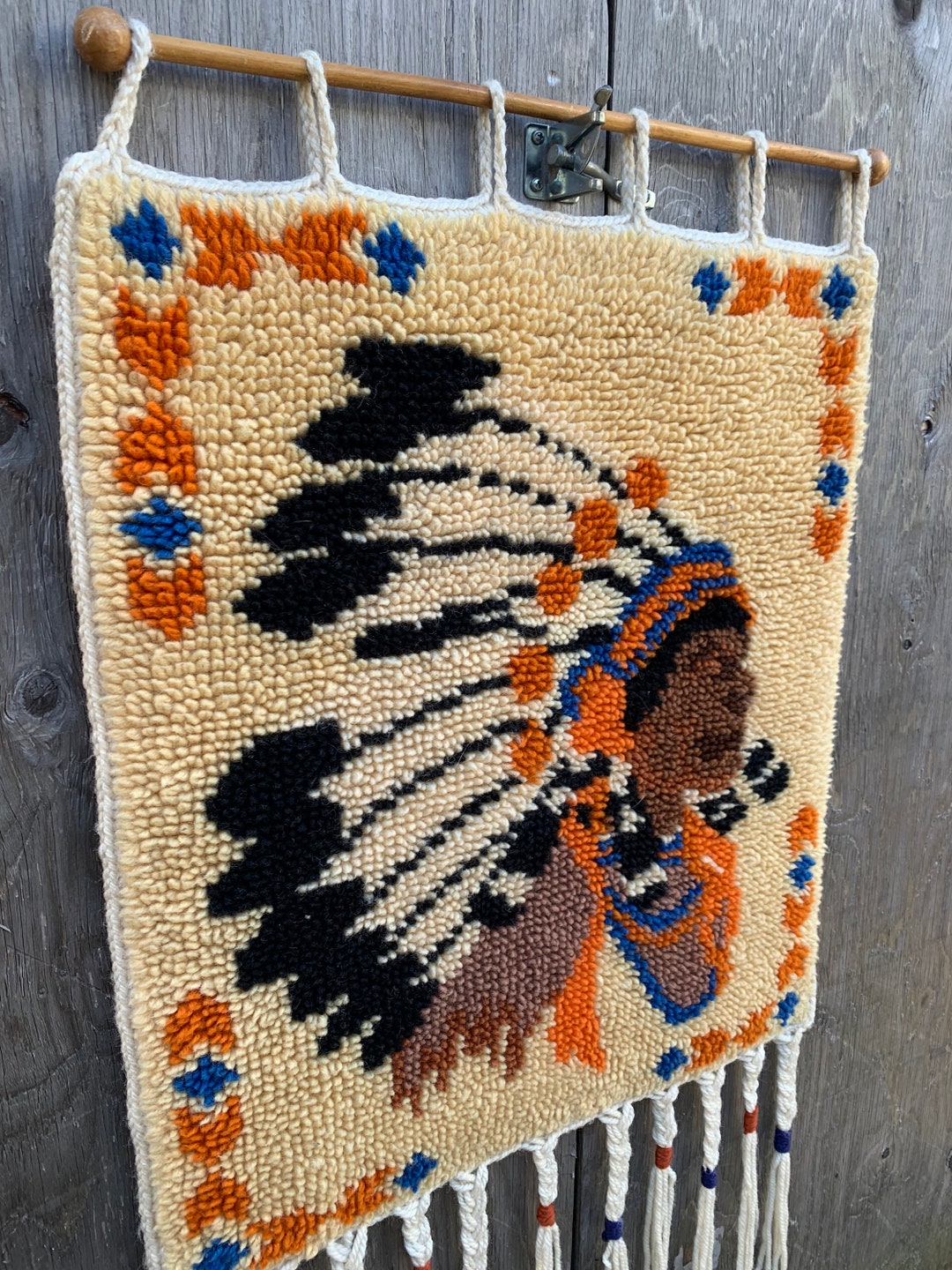 Large Retro Native Design Latch Hook Rug First Nations Chief - Etsy