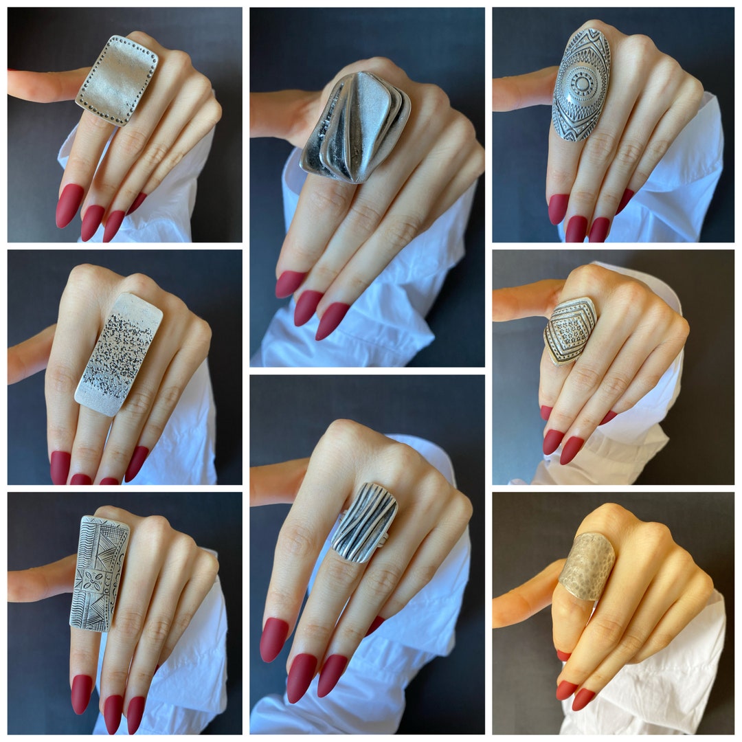 Antique Silver Armor Ring, Long Statement Adjustable Ring, Boho Vintage ...