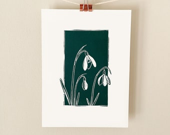 Snowdrop Print in Green, Snowdrops, Original Lino Print, Botanical Home ...