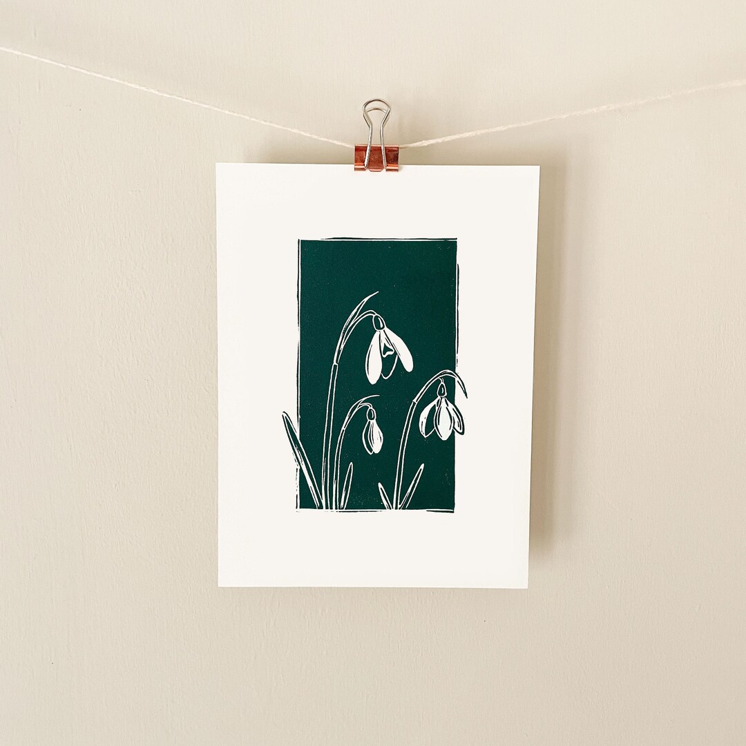 Snowdrop Print Original Linocut, Handmade Nature Inspired Botanical ...