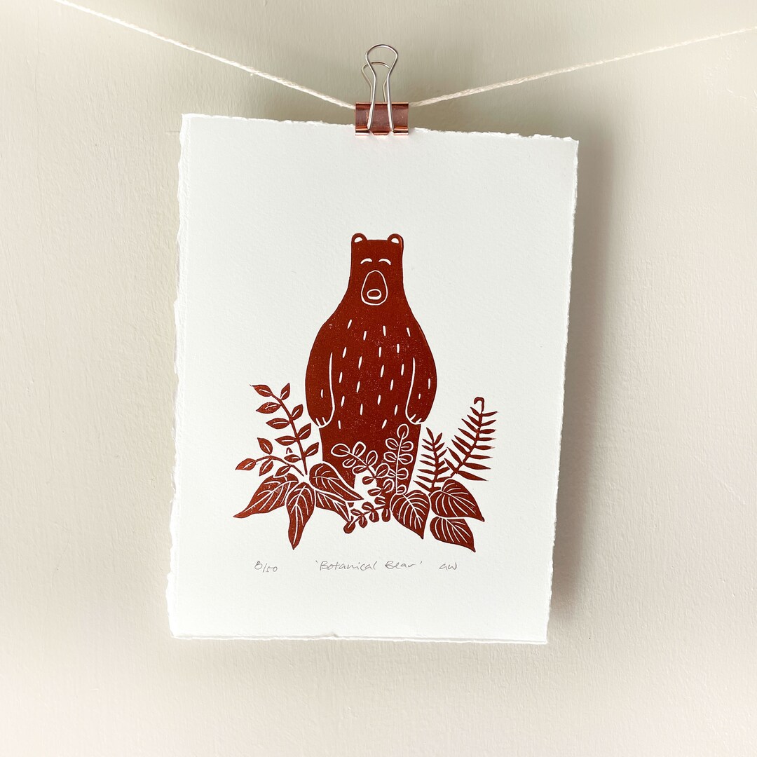 Botanical Bear - Original Linocut Print Featuring a Brown Bear Inspired ...