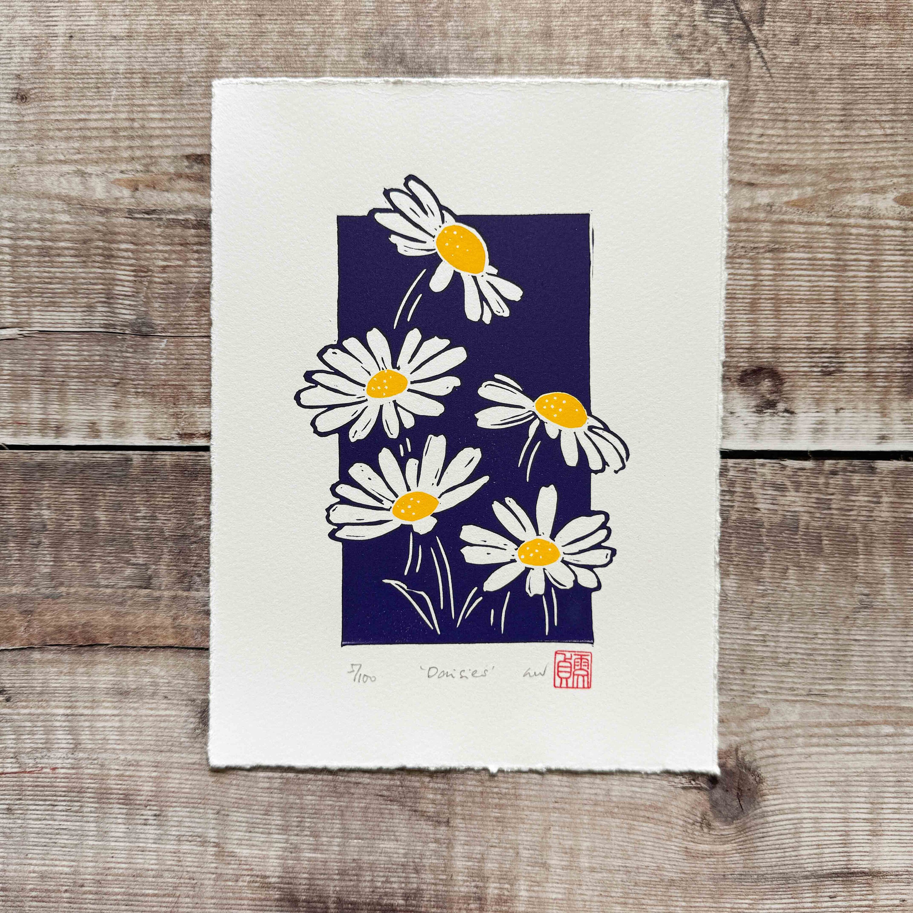 Daisies Print - Original Wall Art, Botanical Floral Linocut Print ...