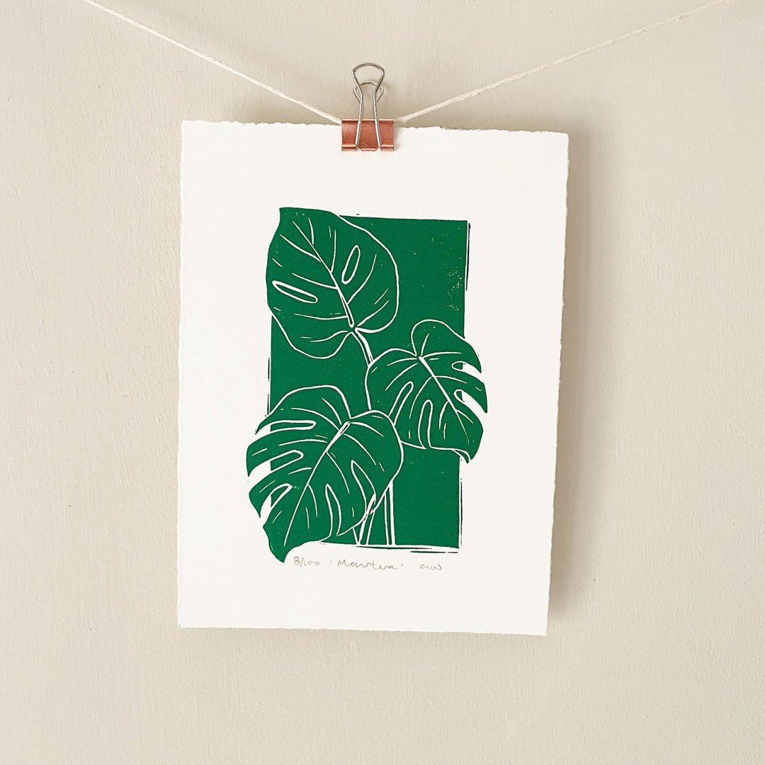 Monstera Linocut Print: Handmade Green Swiss Cheese Plant Art - Etsy