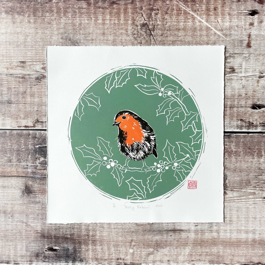 Bird Print Original Linocut of a Robin Bird Print on a Holly Tree ...