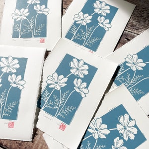 Cosmos Flowers Print - Original Art, Botanical Floral Linocut Wall Art ...