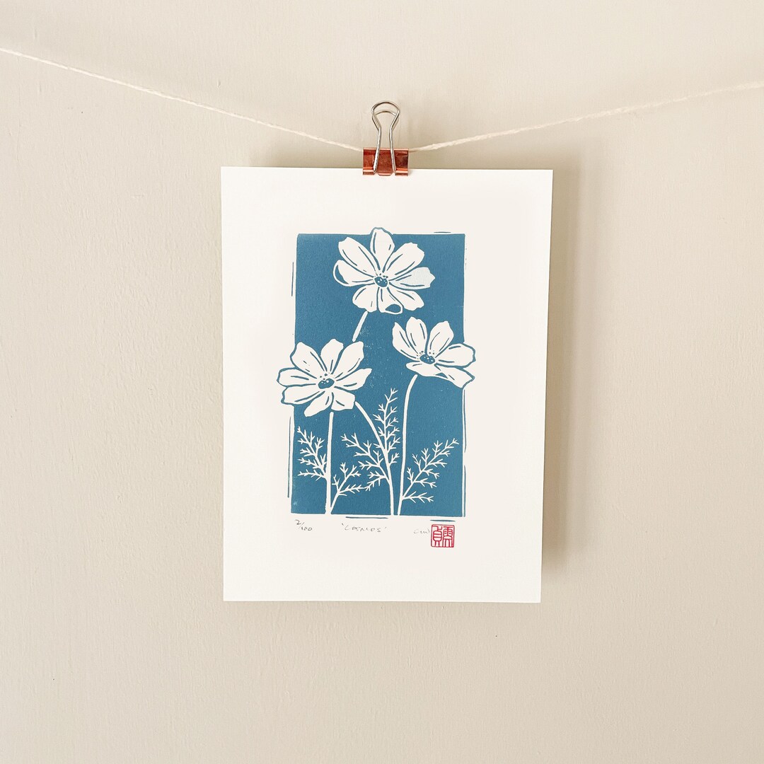 Cosmos Flowers Print - Original Art, Botanical Floral Linocut Wall Art ...
