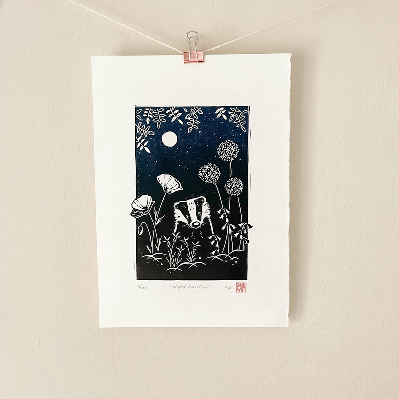 Night Garden Badger Print Original Linocut Urban Wildlife - Etsy UK